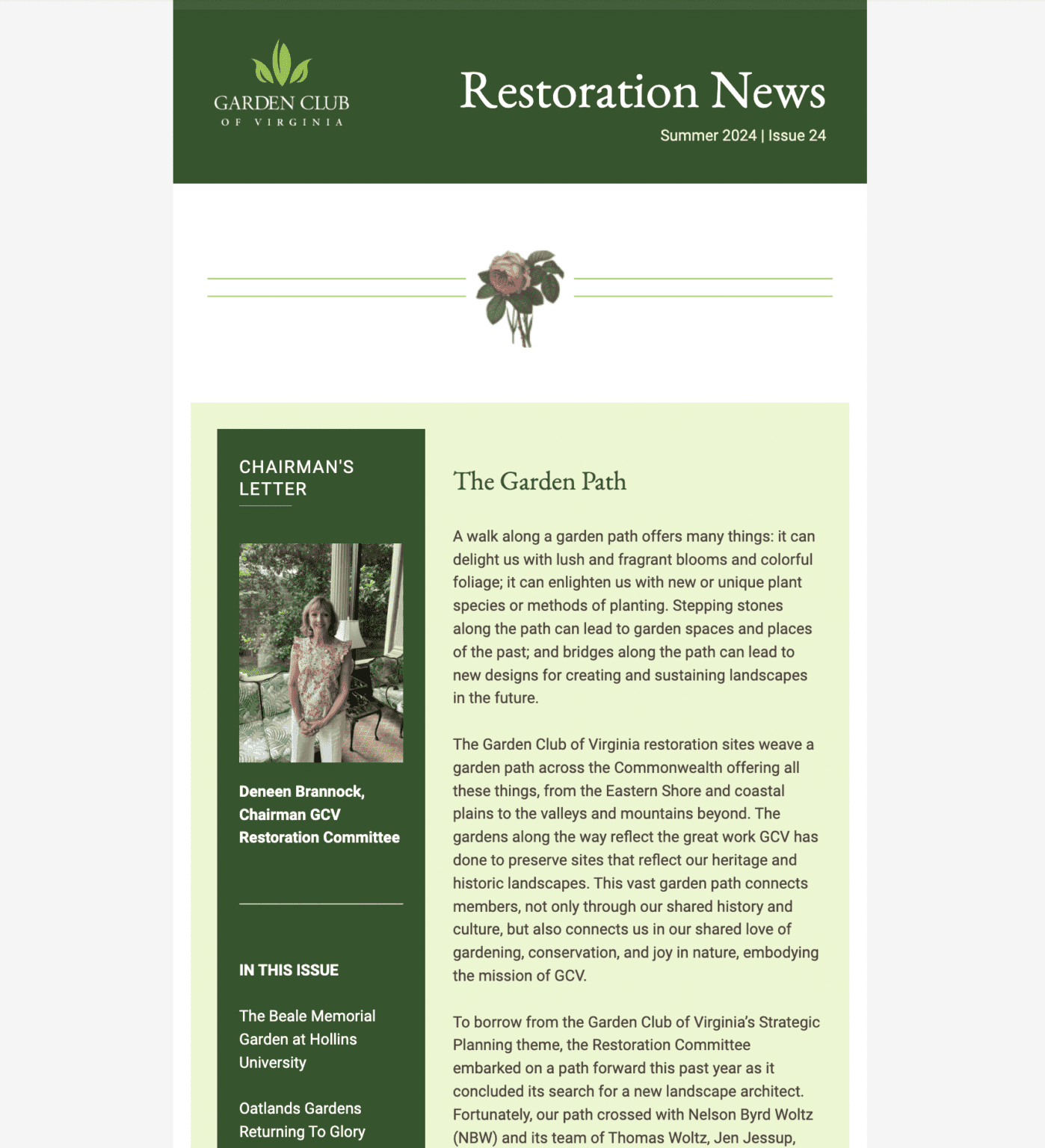 Restoration Newsletter - Summer 2024 - Garden Club of Virginia